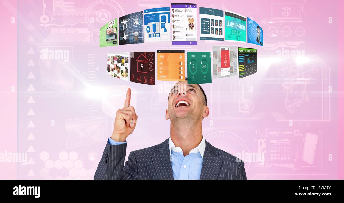 Digital composite of Businessman pointing at panels flying over head ...