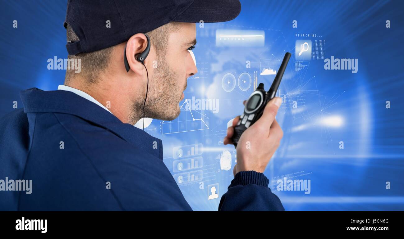 Digital composite of Security guard using radio against screen Stock ...
