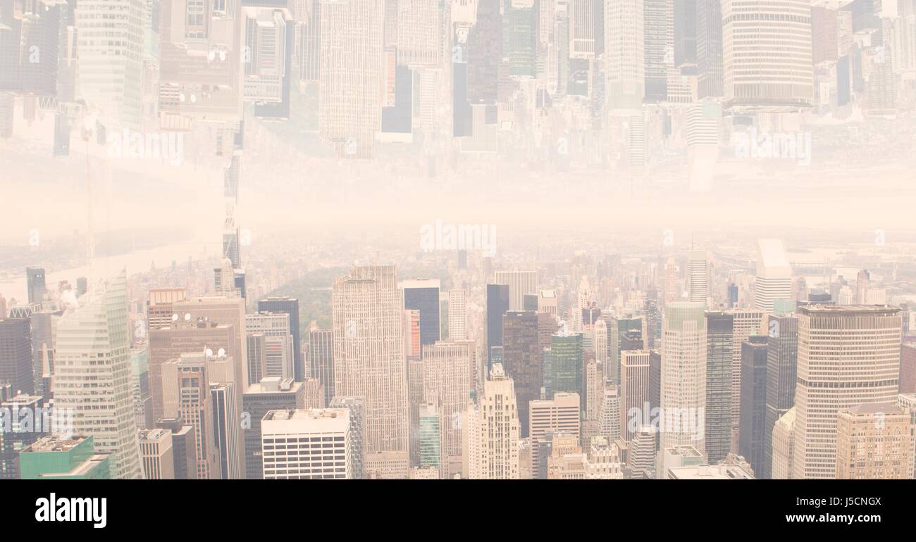 Digital composite of Digitally generated image of upside down cityscape with clouds Stock Photo ...