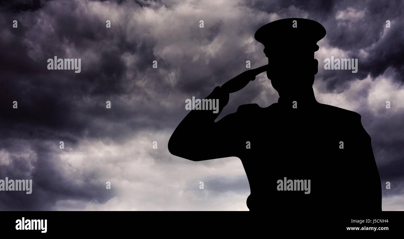 Digital composite of Captain silhouette saluting against storm clouds ...