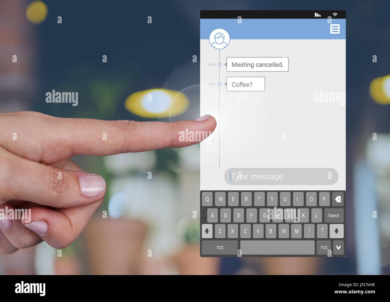 Digital composite of Hand Touching Social Media Messenger App Interface ...