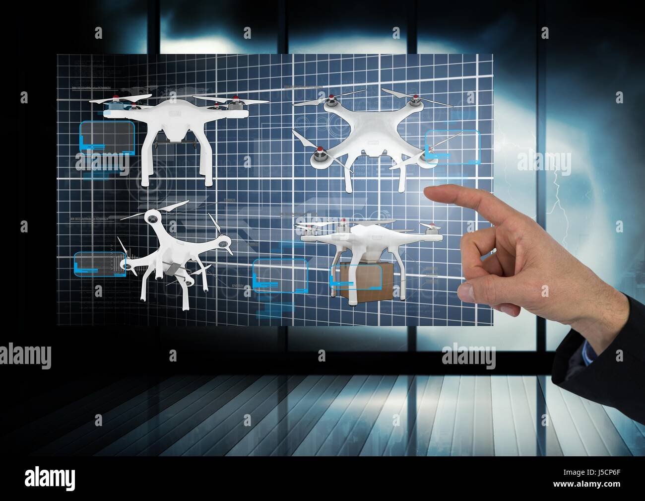 Digital composite of Hand pointing at Drones Dark App Interface Stock ...