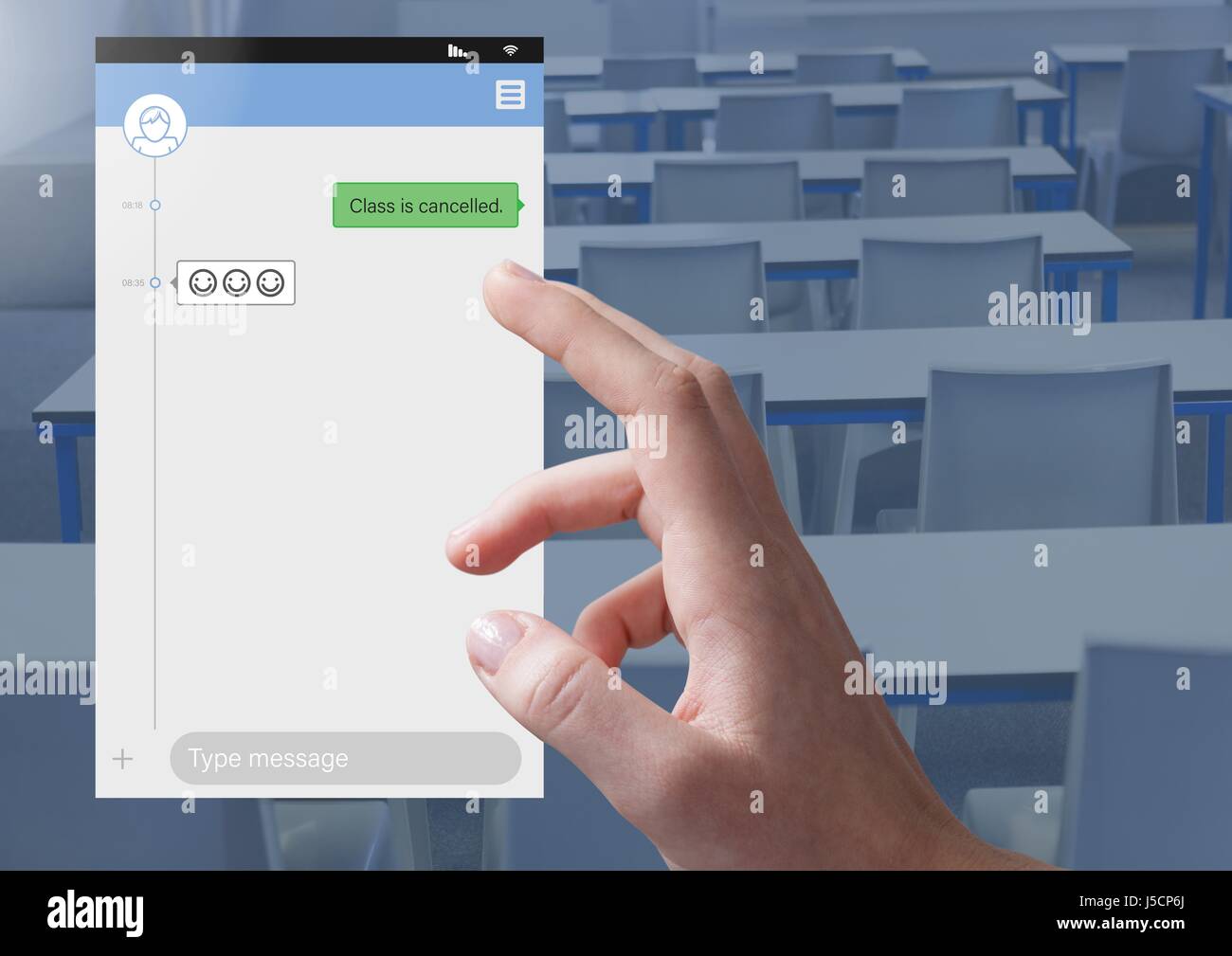 Digital composite of Hand Touching Social Media Messenger App Interface ...