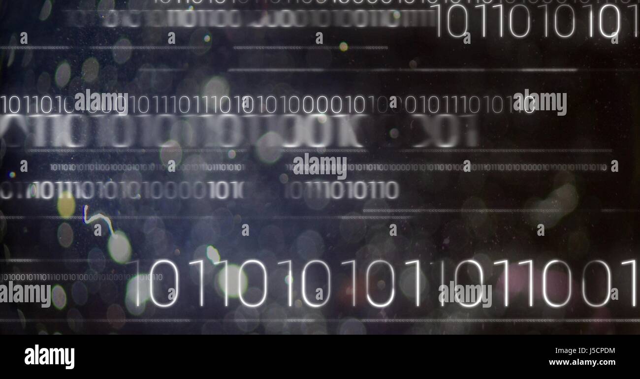 Digital composite of White binary code against black bokeh Stock Photo ...