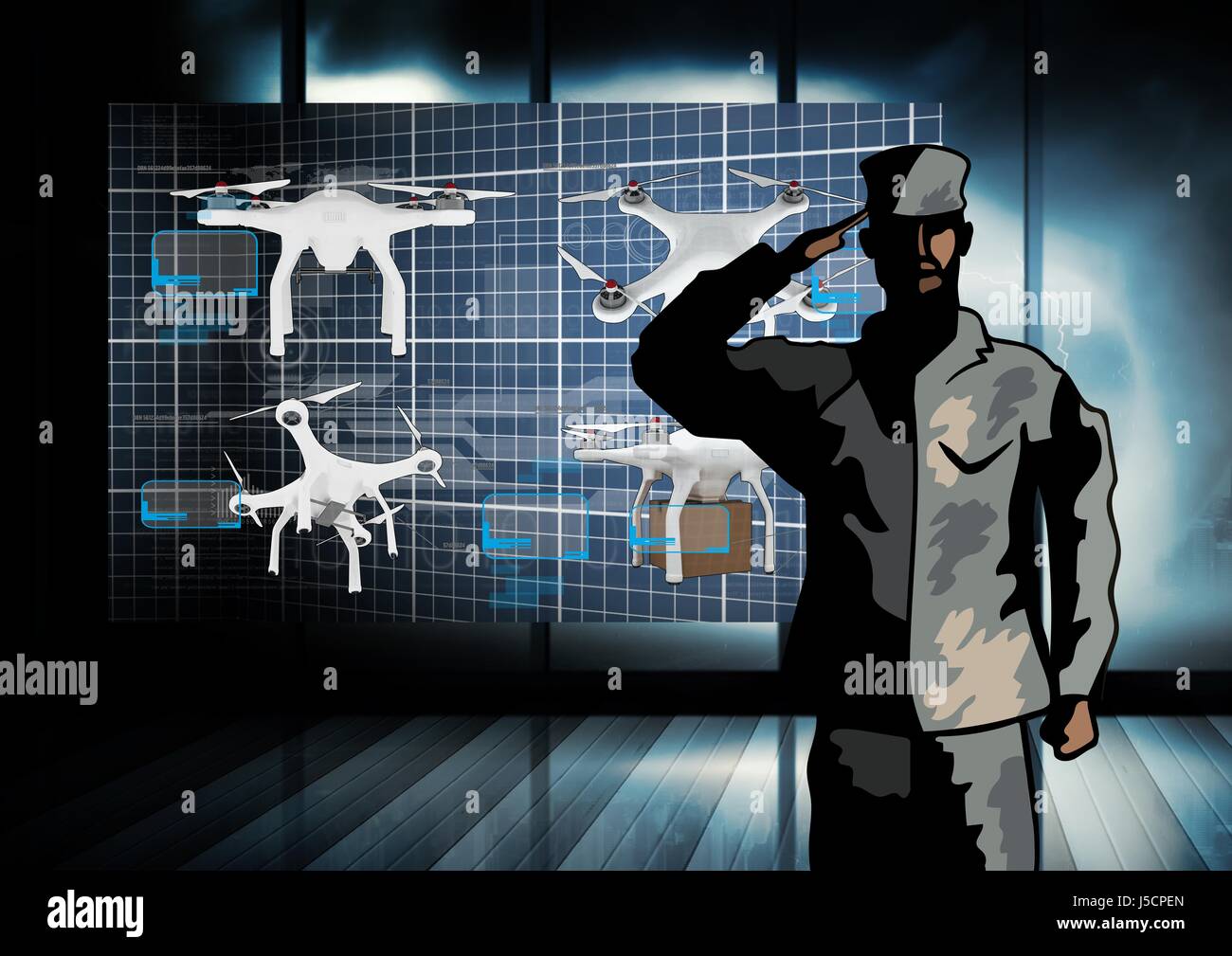 Digital composite of Army Soldier salute with Drones Dark App Interface ...