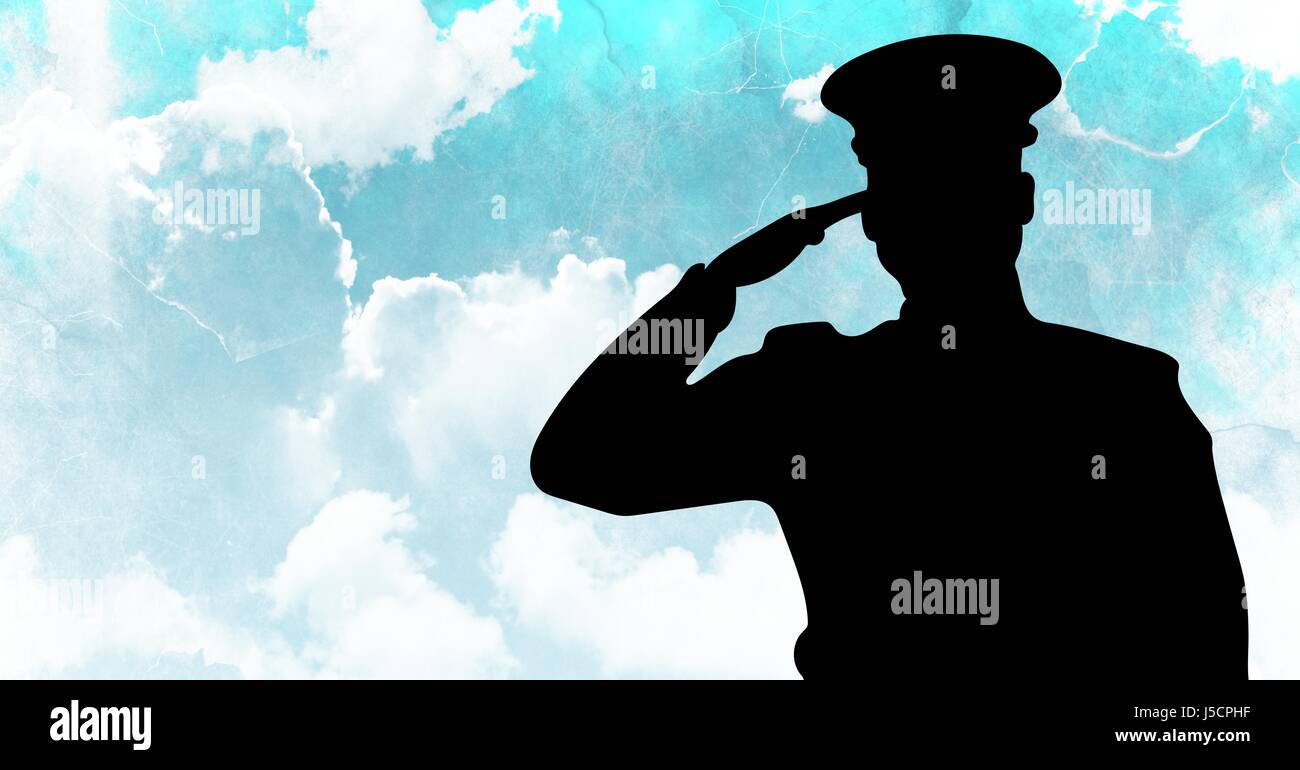 Digital composite of Captain silhouette saluting against blue sky Stock ...