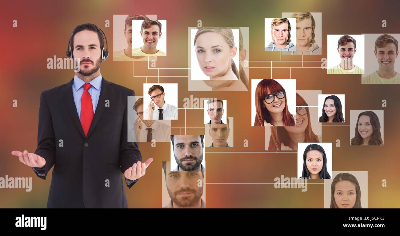 Digital composite of Male customer care representative gesturing by ...