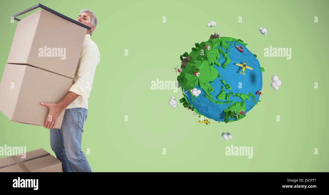 Digital composite of Delivery man carrying boxes by low poly earth ...