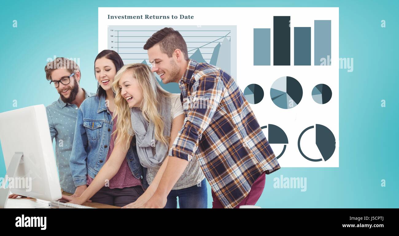 Digital composite of Happy business people using computer with graphs ...