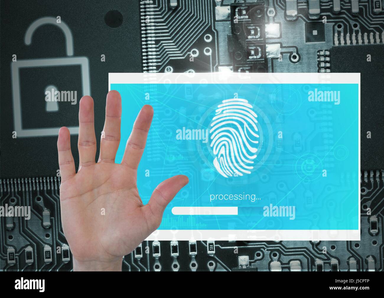 Digital composite of Hand open and Identity Verify security fingerprint ...