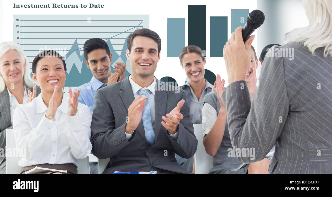 Digital composite of Business people applauding while executive giving ...