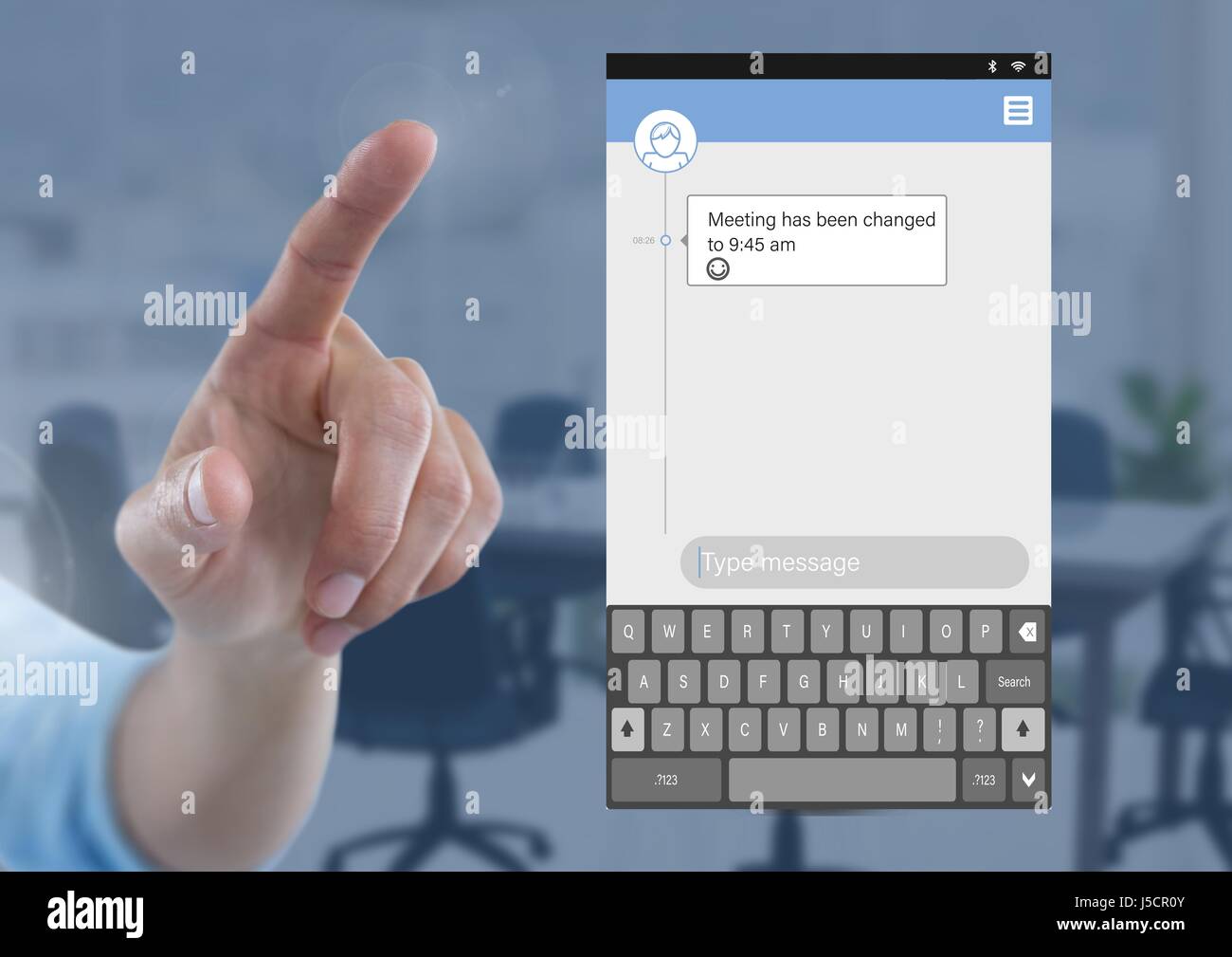 Digital composite of Hand Touching Social Media Messenger App Interface ...
