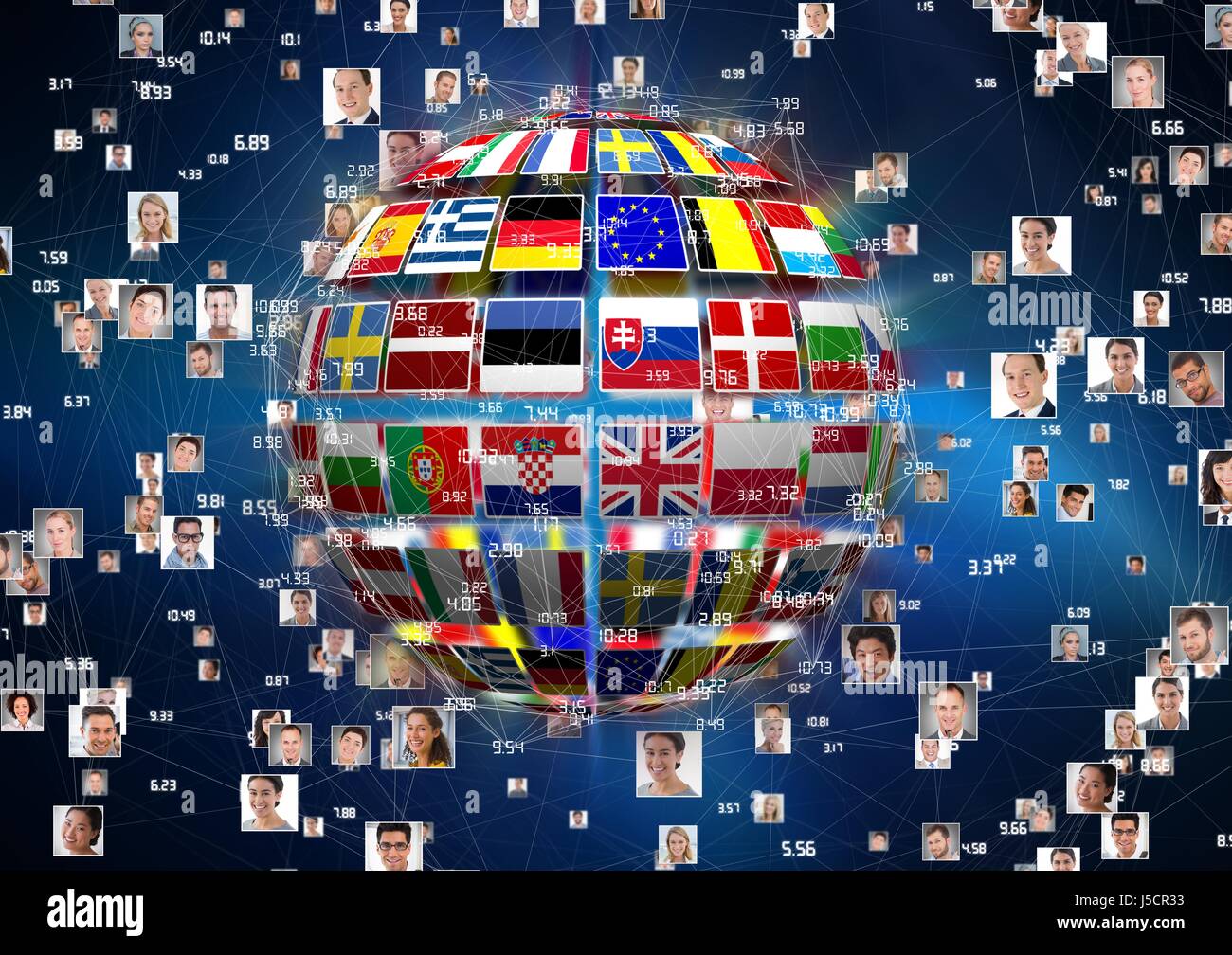 Digital composite of panel with flags on a ball and photo connections ...