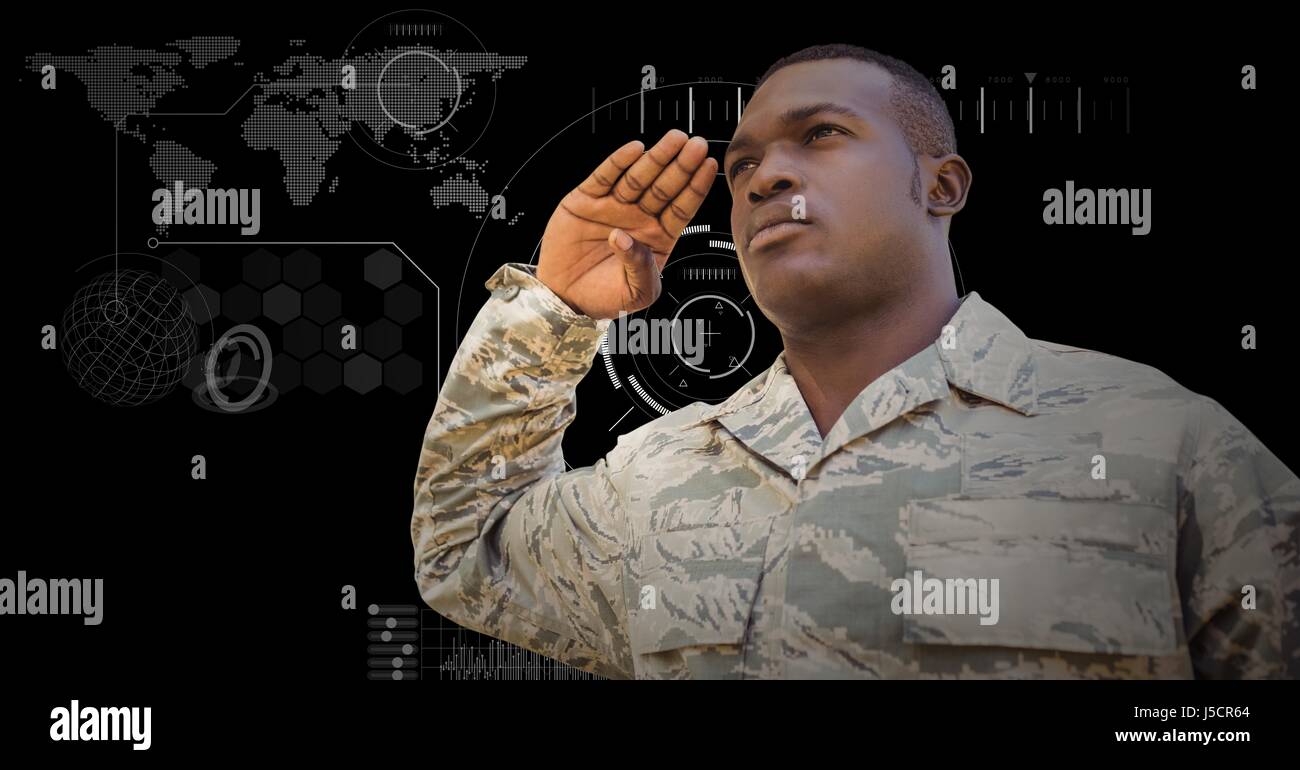 Digital composite of Soldier saluting against black background with ...