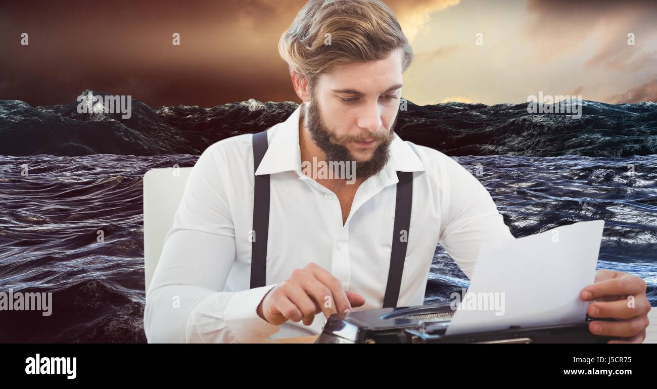 Digital composite of Hipster using typewriter against lake Stock Photo ...
