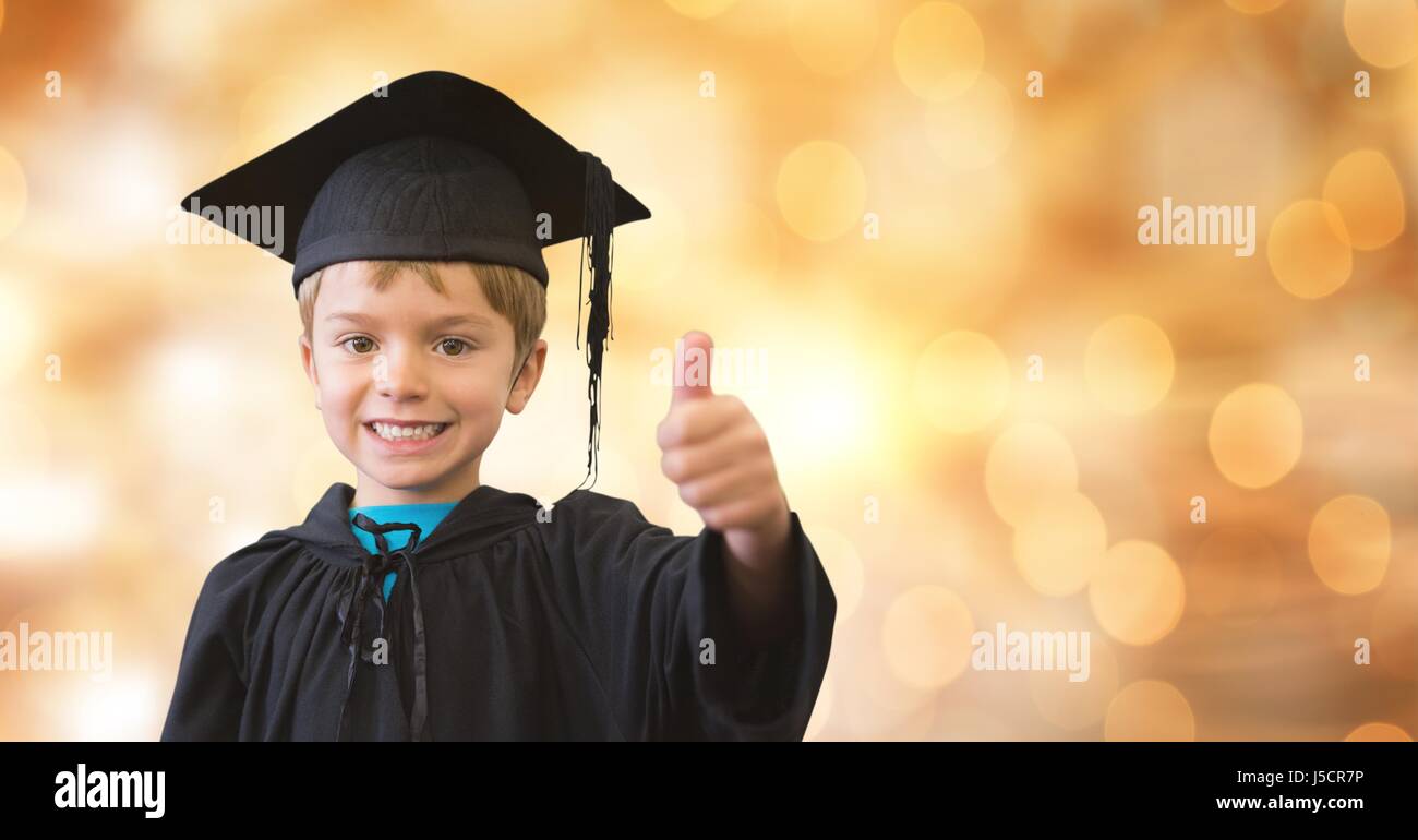 Digital composite of Portrait of happy boy in graduation gown and ...