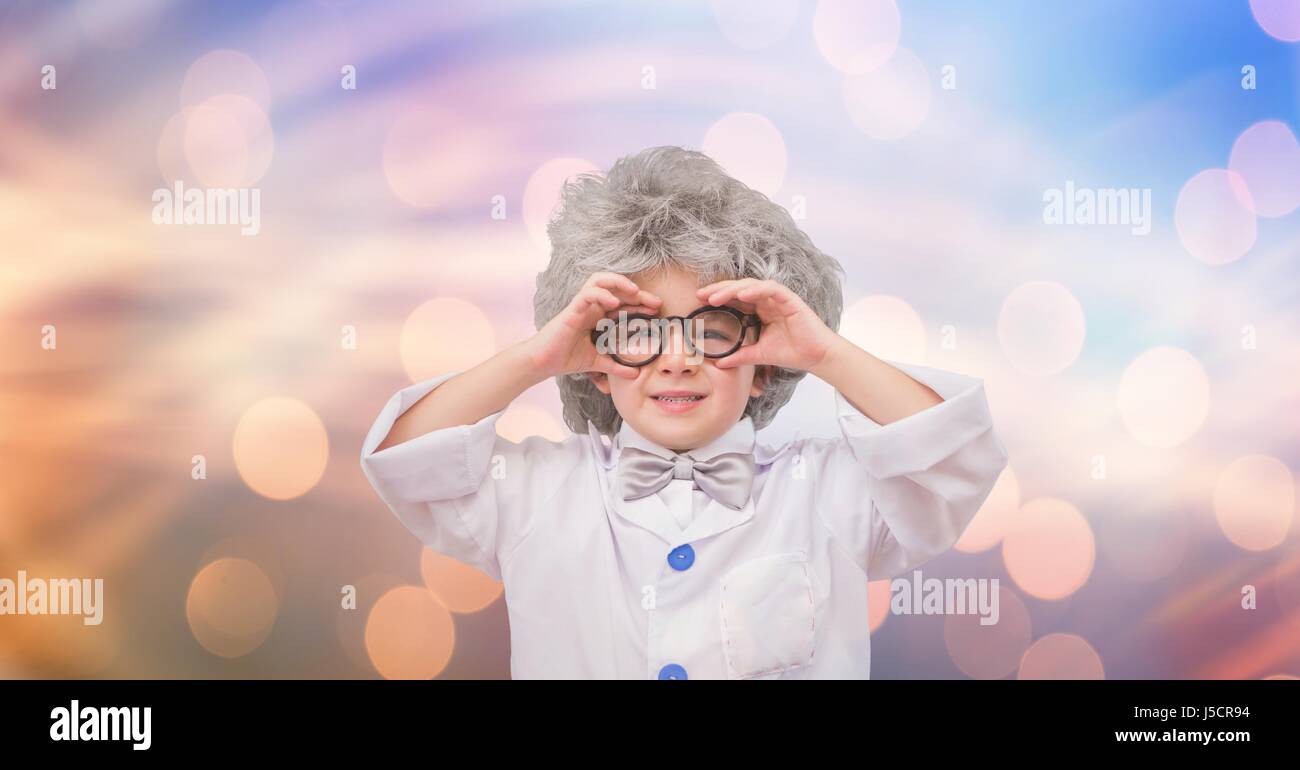 Digital composite of Little Einstein wearing eyeglasses over bokeh ...