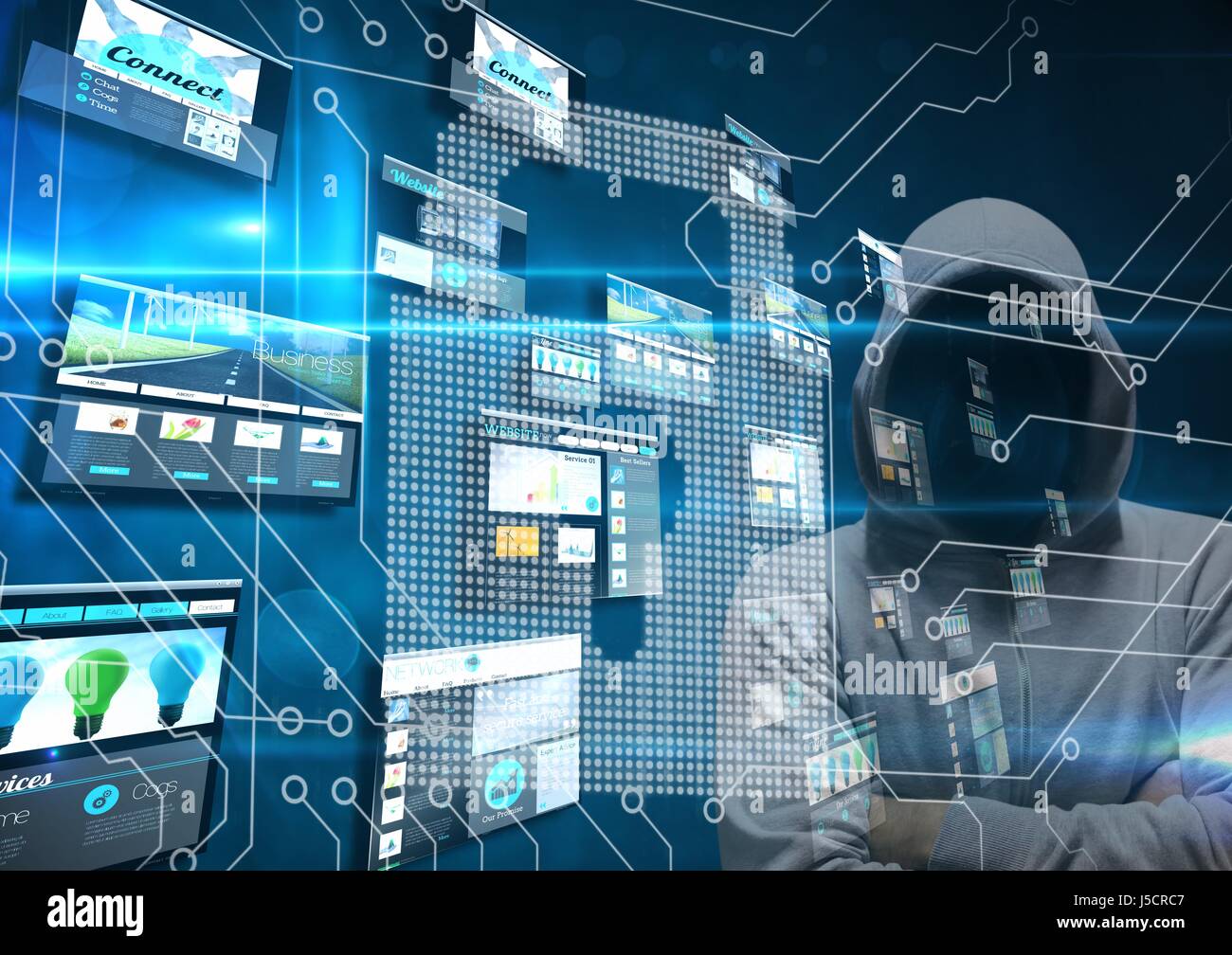 Digital composite of panels with websites(drak), in dark background and ...