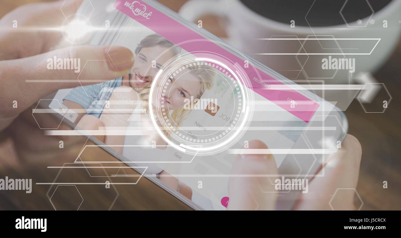 Digital composite of Hands using smart phone with overlay Stock Photo ...
