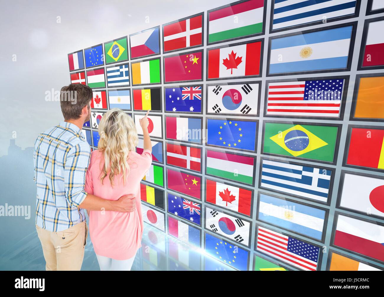 Digital composite of panel with flags, couple fingering one flag Stock ...