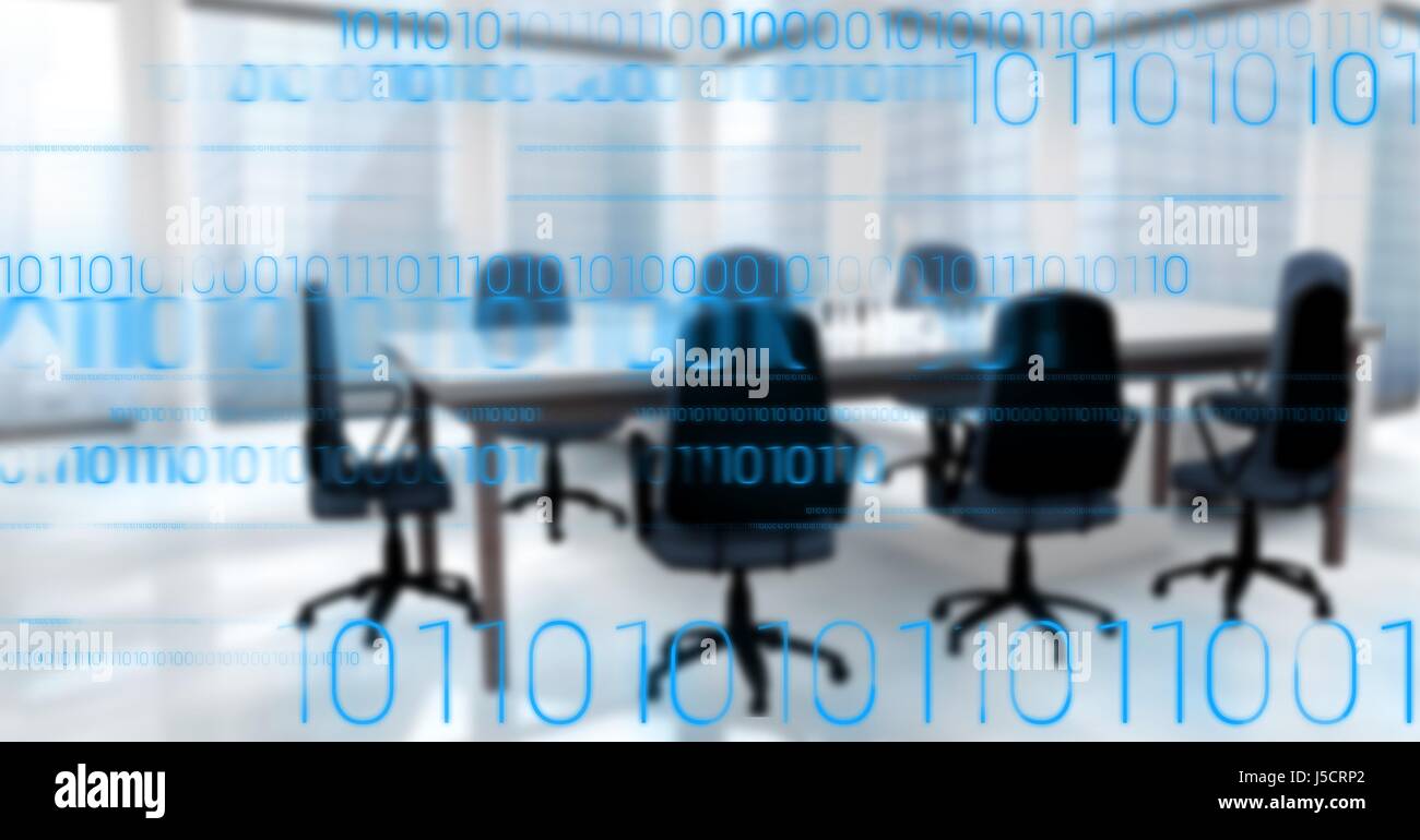 Digital composite of Blue binary code against blurry office Stock Photo - Alamy