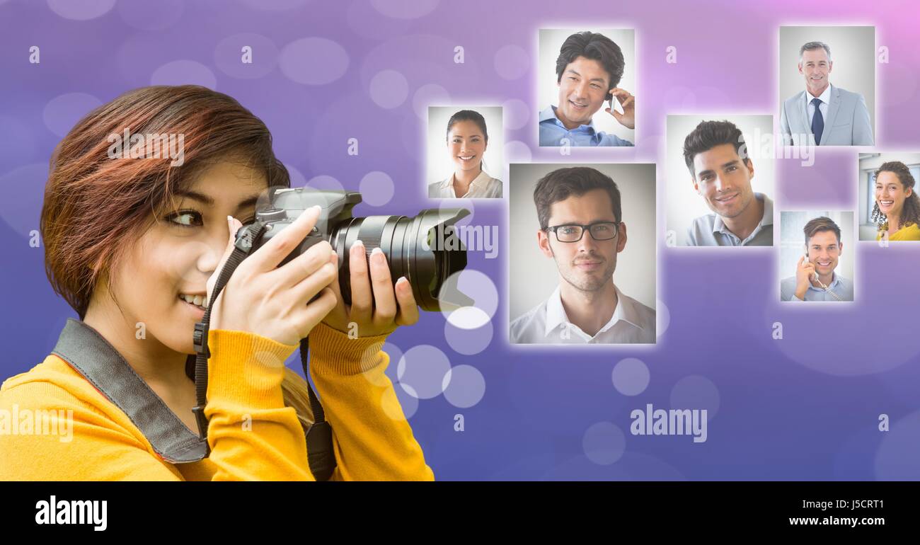 Digital composite of Female photographer using SLR camera by flying ...
