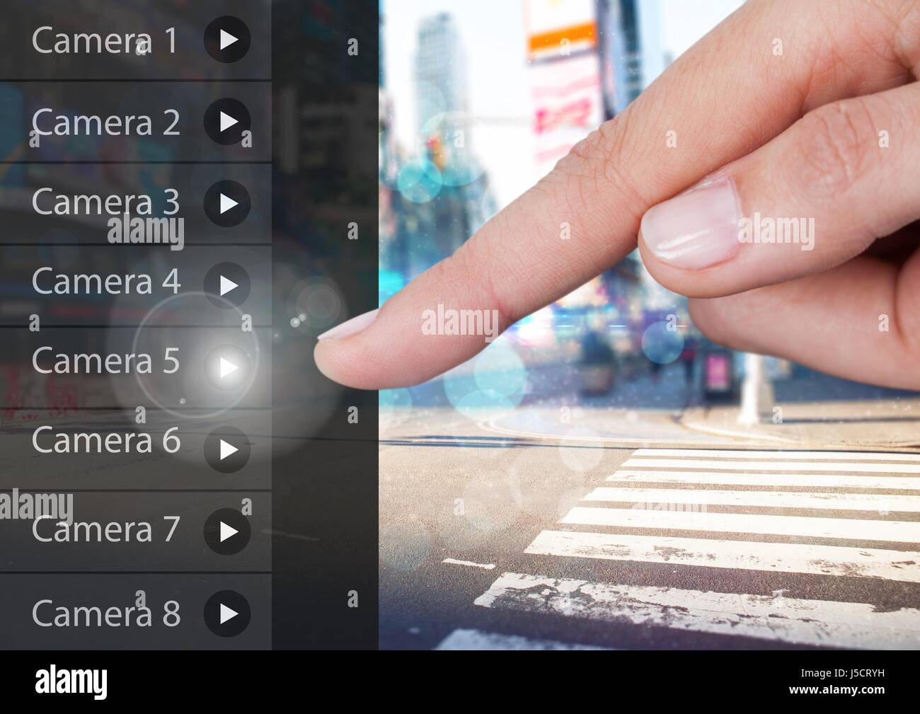 Digital composite of Hand Touching Security Camera App Interface street ...