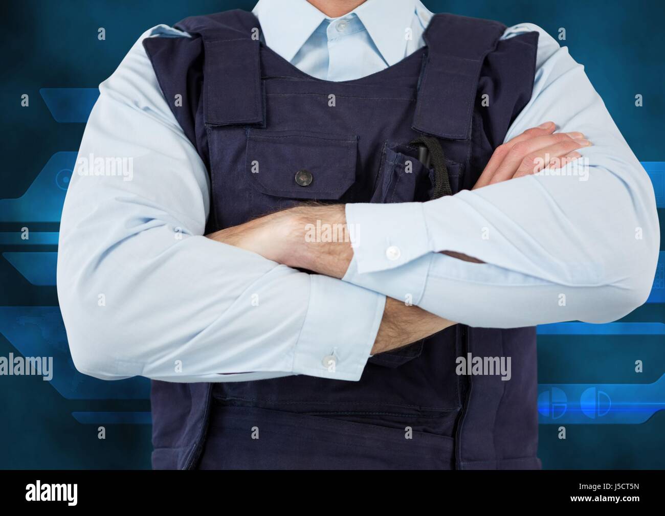 Digital composite of Midsection of security guard with arms crossed ...