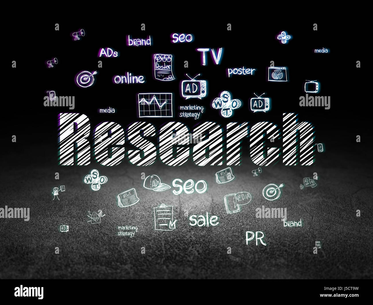 Advertising concept: Research in grunge dark room Stock Photo - Alamy