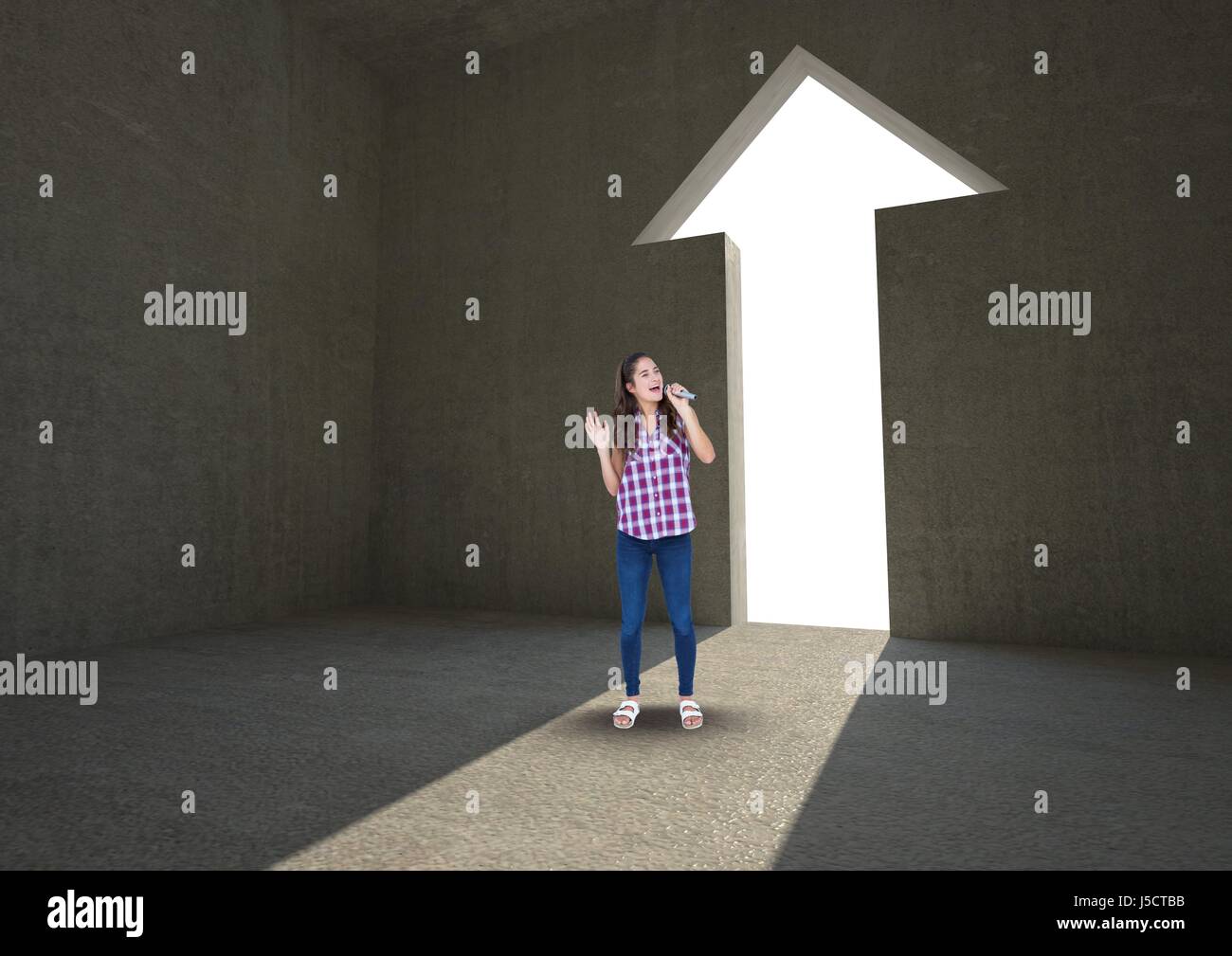 Digital composite of Woman singing at arrow shape doorway Stock Photo ...