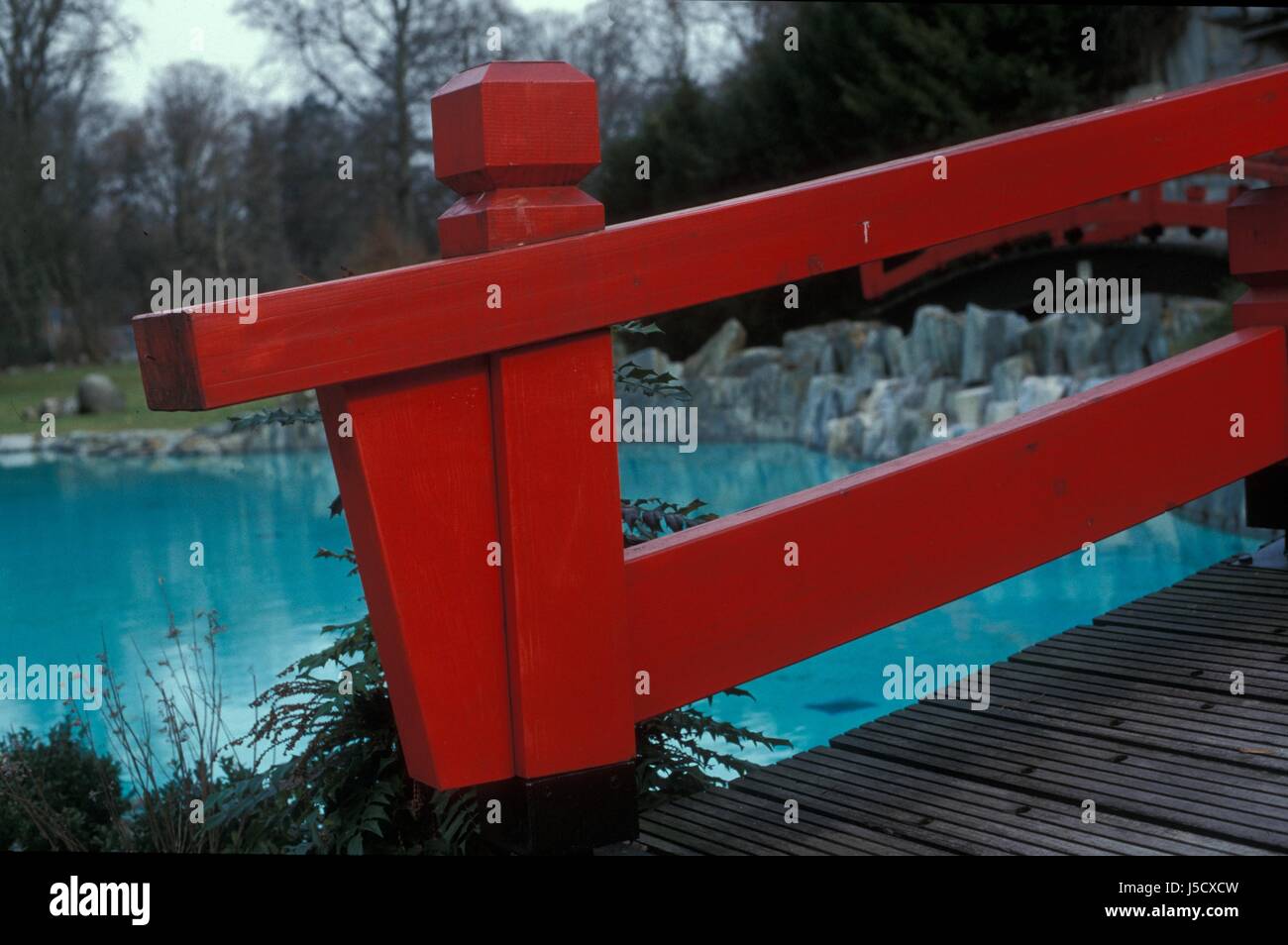 blue symbolic bridge diagonal railing abstract vertical post scenery ...