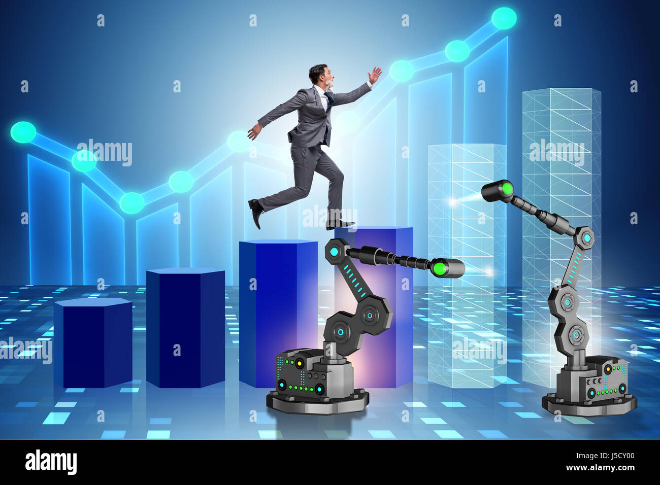Businessman walking up the chart supported by robotic arm Stock Photo ...