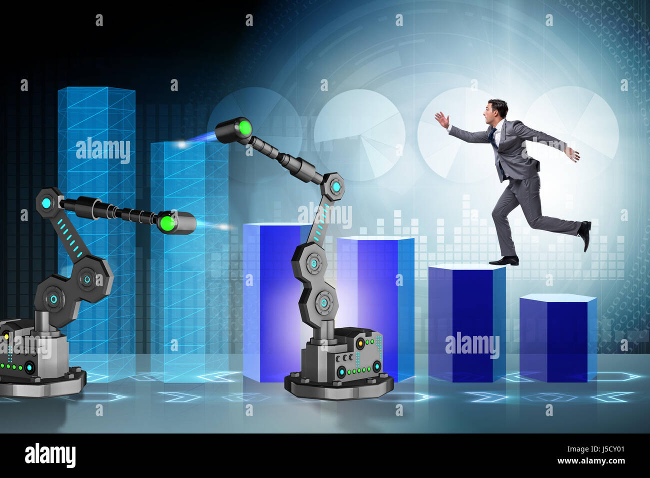 Businessman walking up the chart supported by robotic arm Stock Photo ...