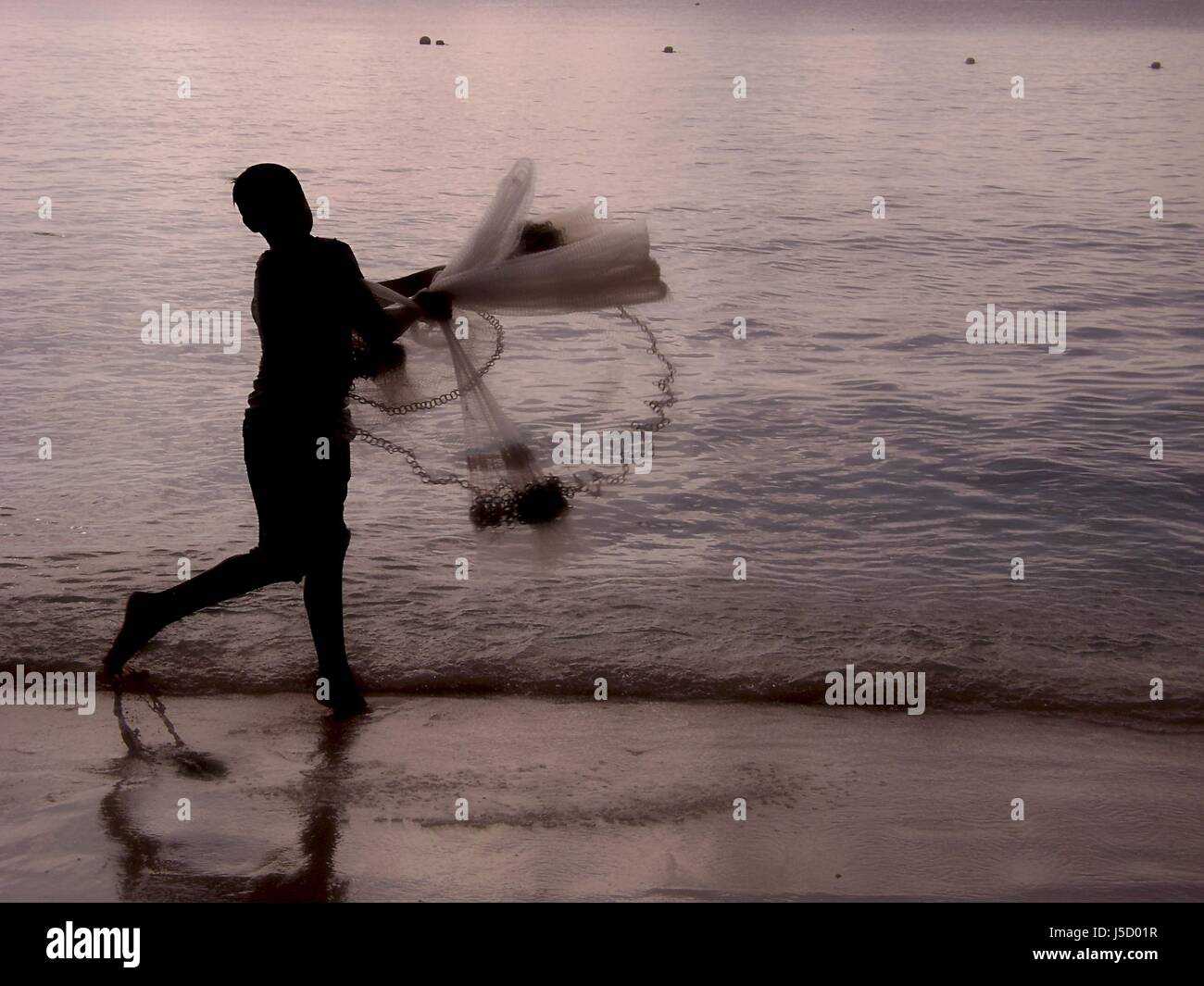 An unrecognizable fisherman is silhouetted throwing out a fishing net ...