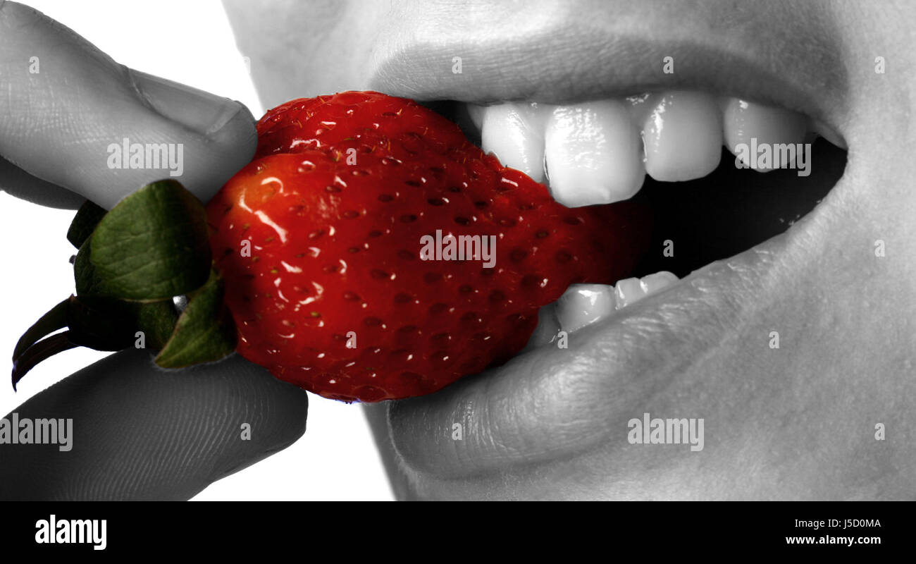 detail sweet mouth bw fruit strawberry bite berry bite off eating eat ...