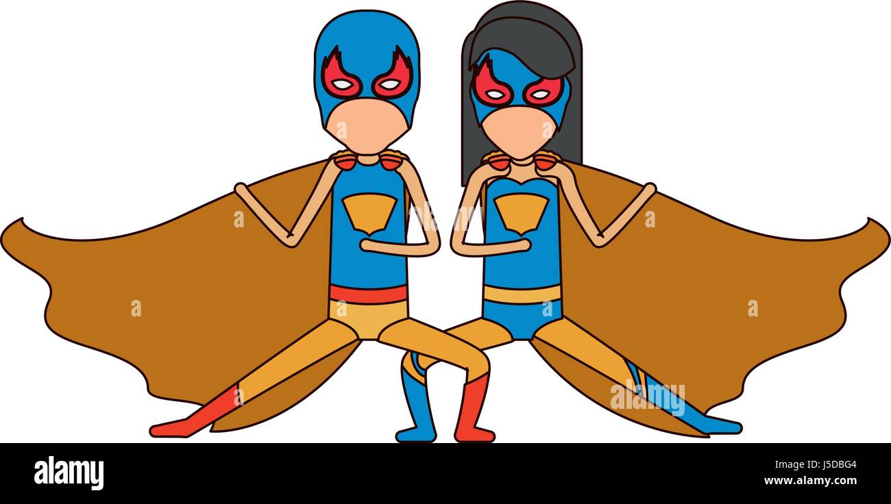 colorful silhouette with faceless duo of superheroes in defensive pose ...