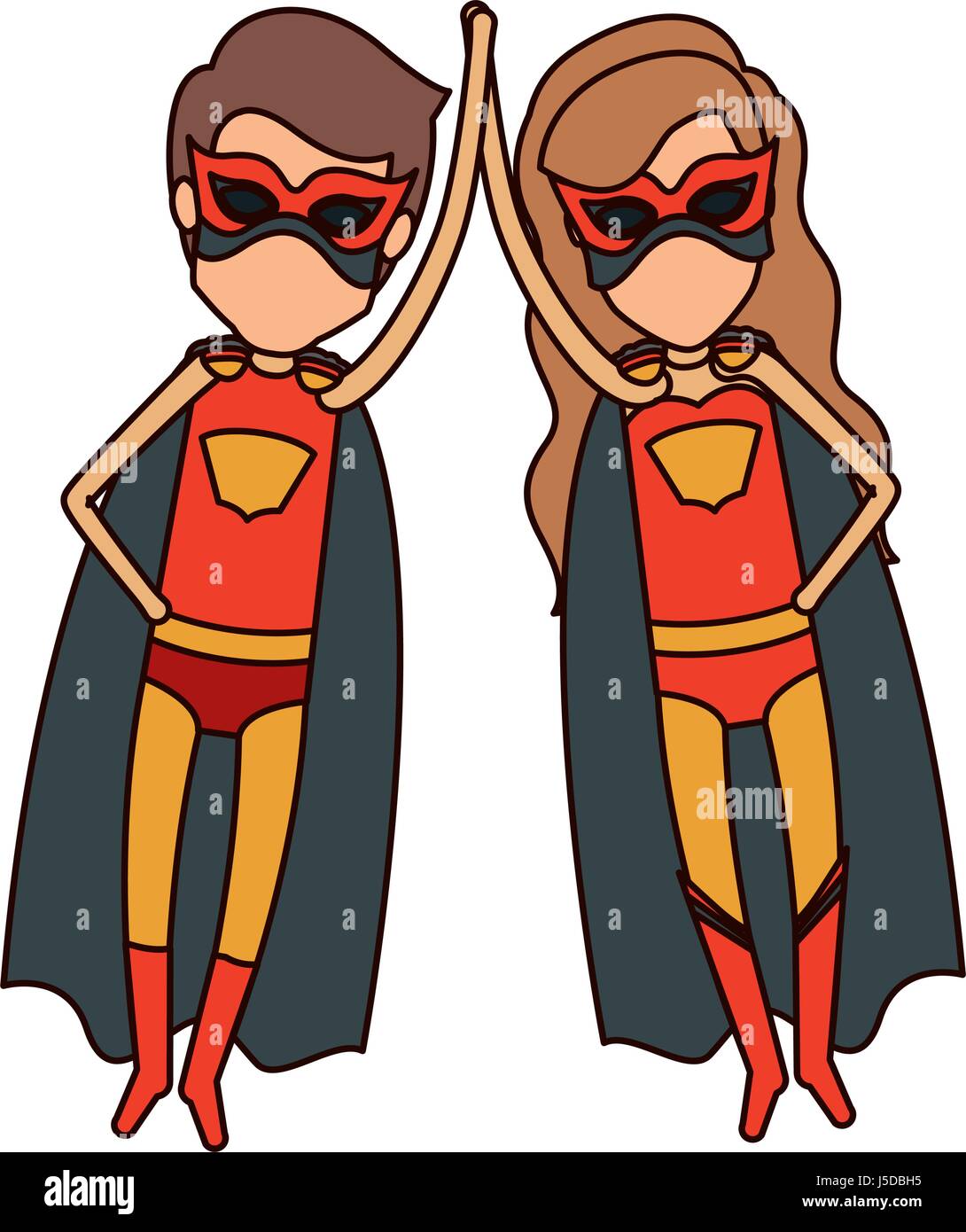 colorful silhouette with faceless couple of superheroes flying and ...