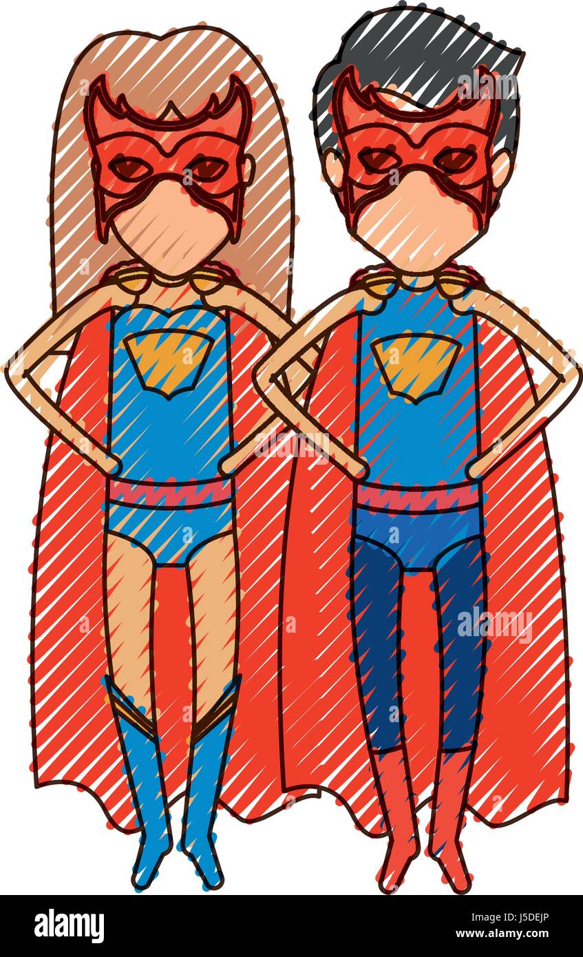 colored pencil silhouette with faceless couple of superheroes flying ...