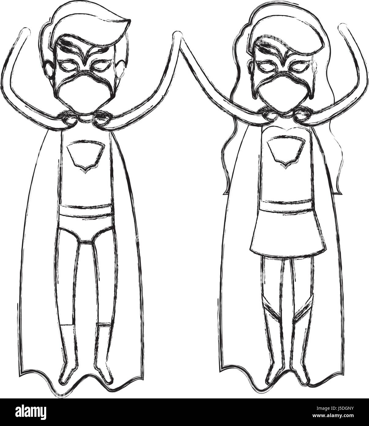 monochrome blurred contour faceless of couple of superheroes flying ...