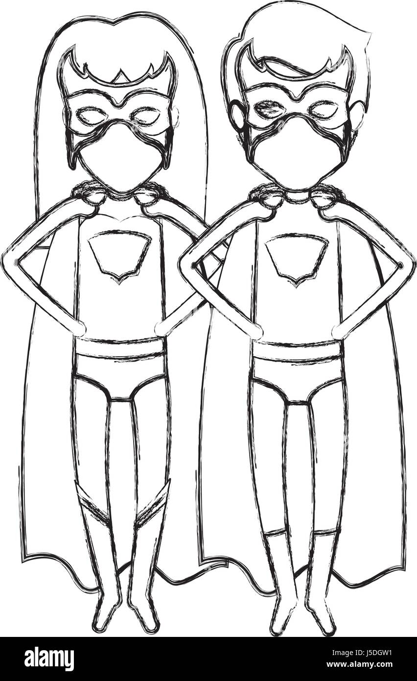 monochrome blurred contour faceless of couple of superheroes flying ...
