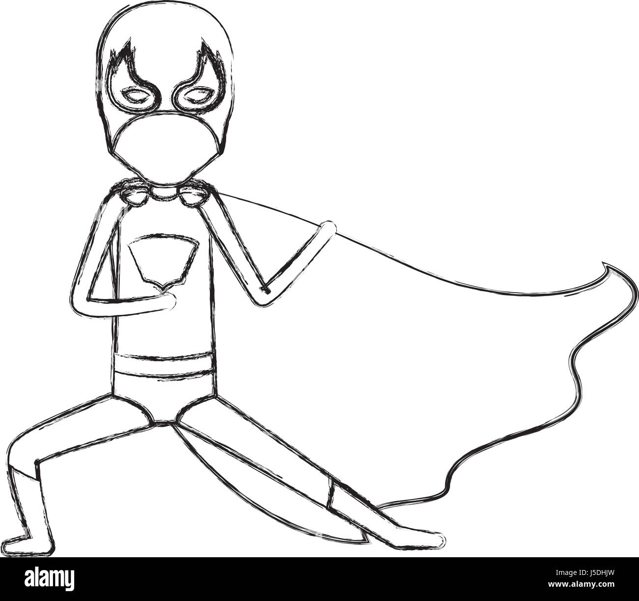monochrome blurred contour faceless of kid superhero in defensive pose ...