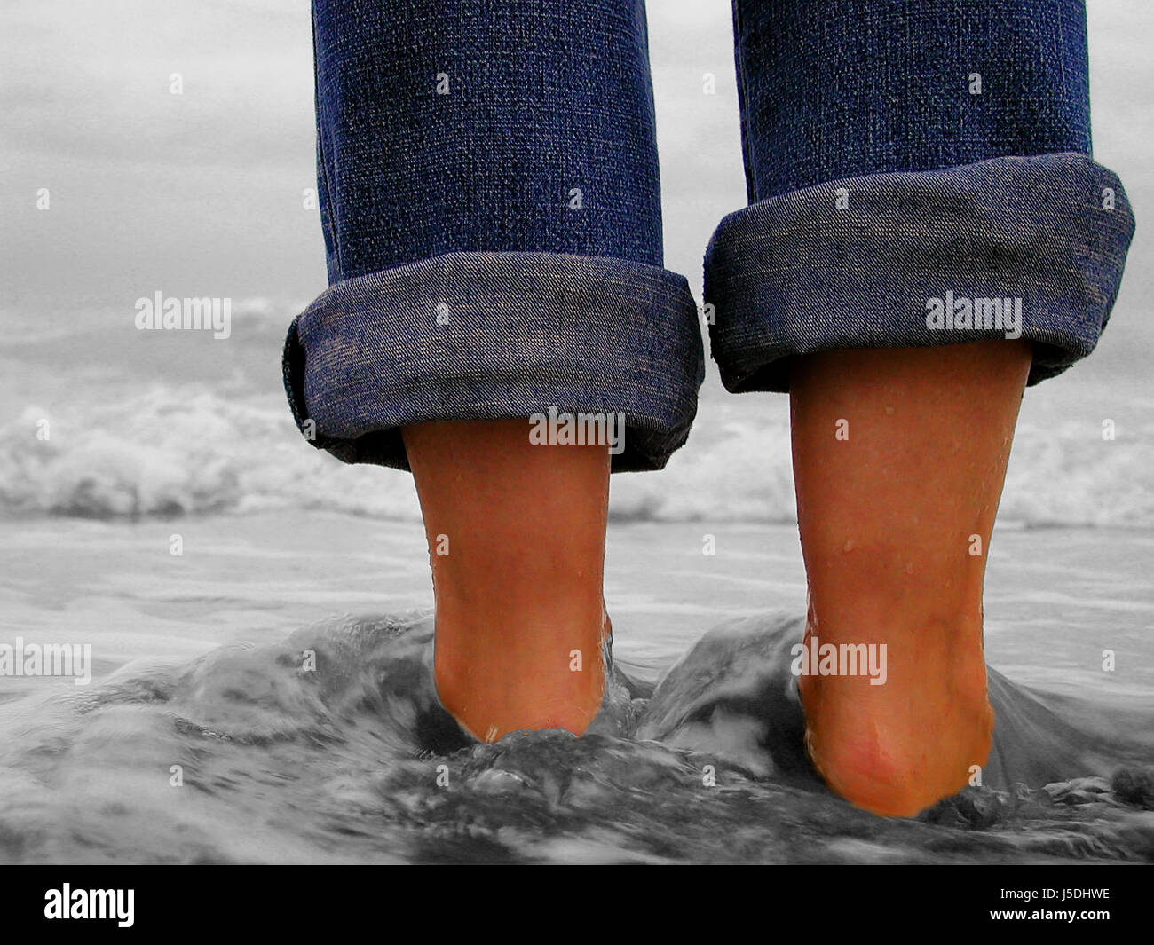 woman legs beach seaside the beach seashore waves refreshment jeans ...