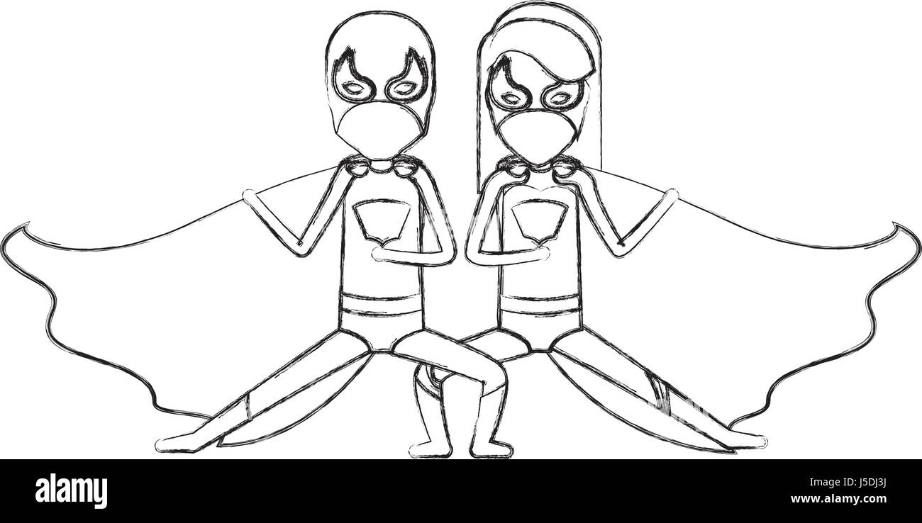 monochrome blurred contour faceless of duo of superheroes in defensive ...