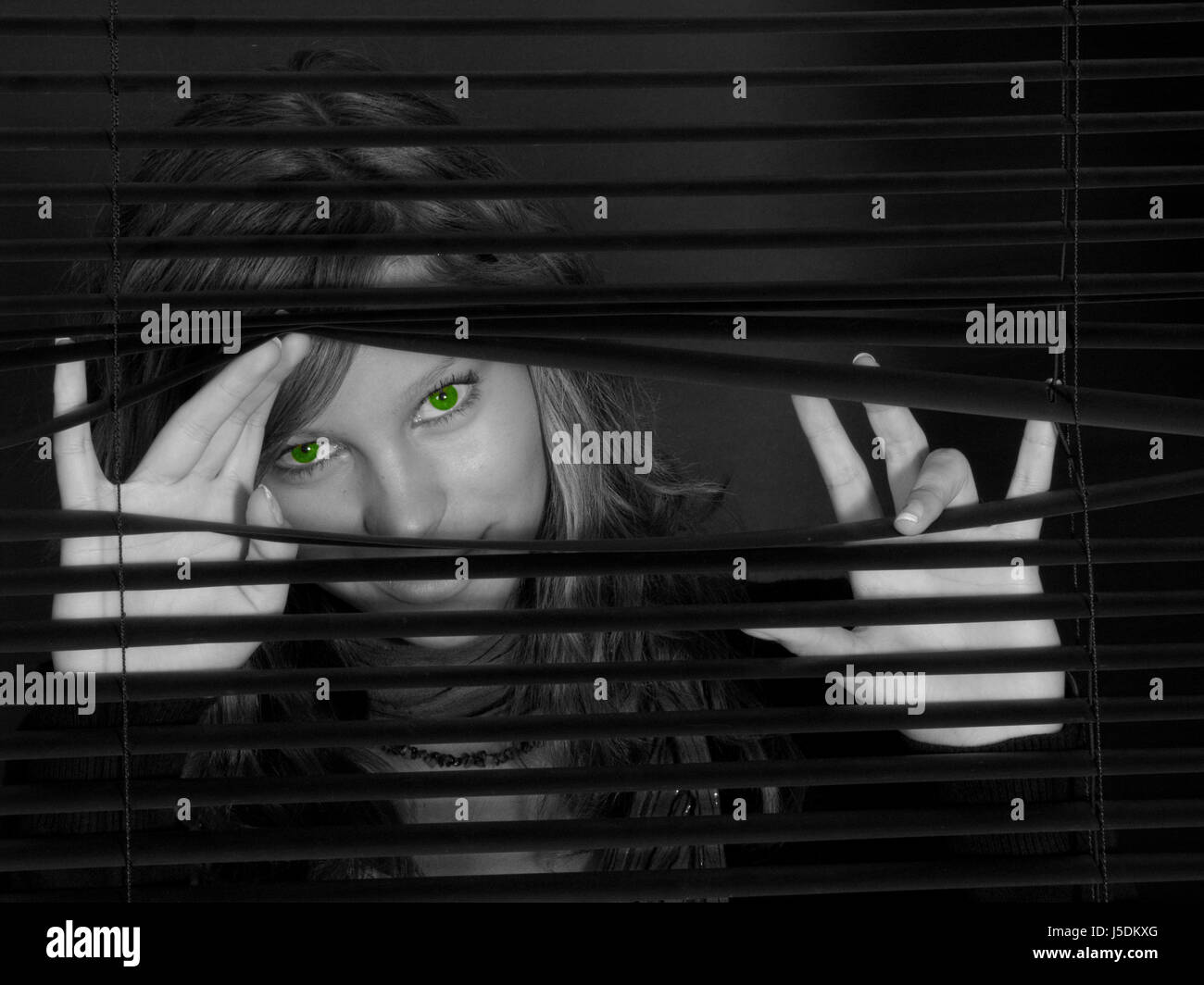 woman hand hands curiosity curious nosey nosy face portrait colorkey bw ...