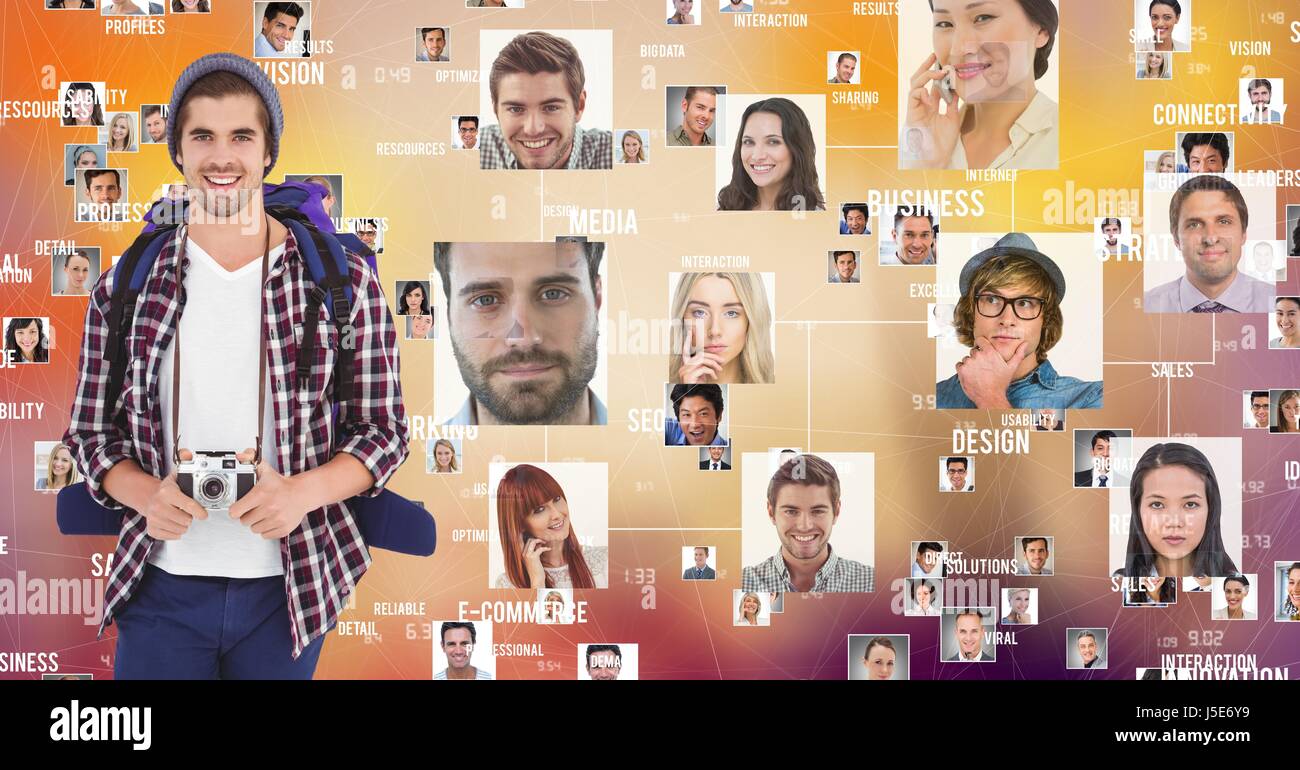 Digital composite of Smiling hiker with flying portraits Stock Photo ...