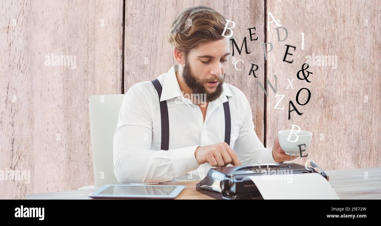 Digital composite of Hipster using typewriter while letters flying ...