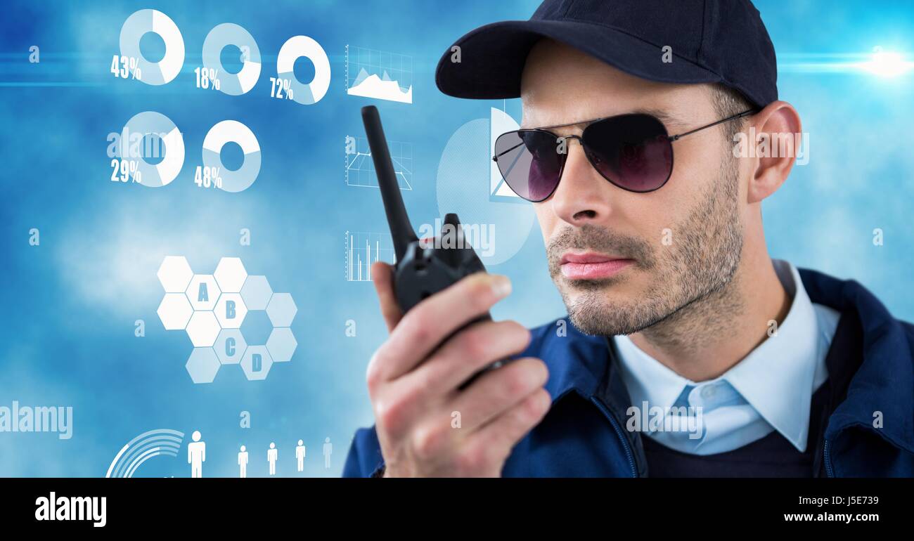 Digital composite of Security guard using radio against graphics Stock ...