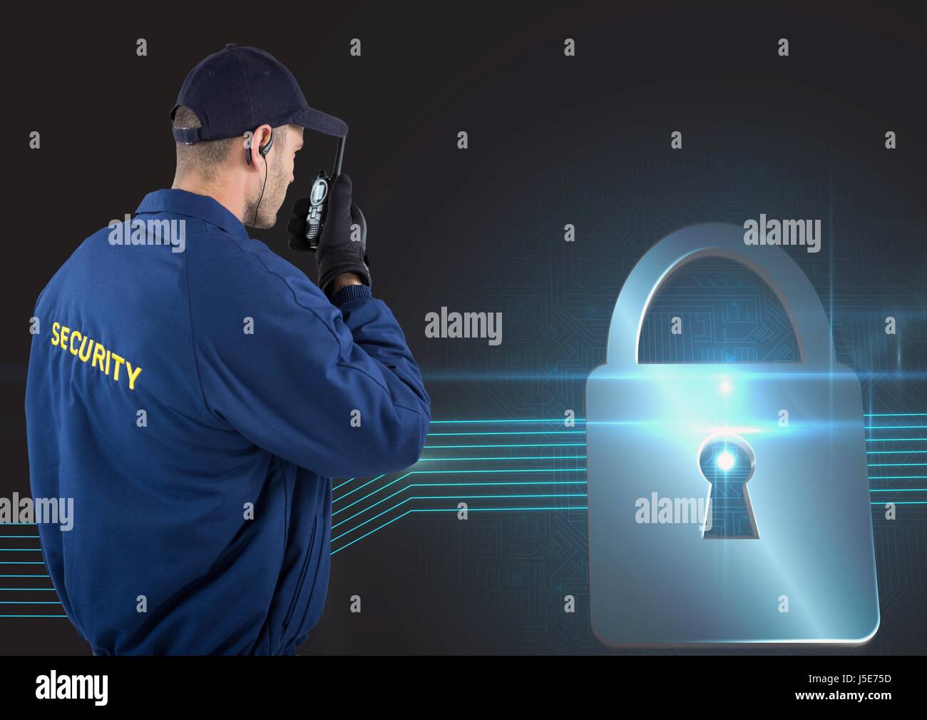 Digital composite of Security guard using radio with virtual lock in ...