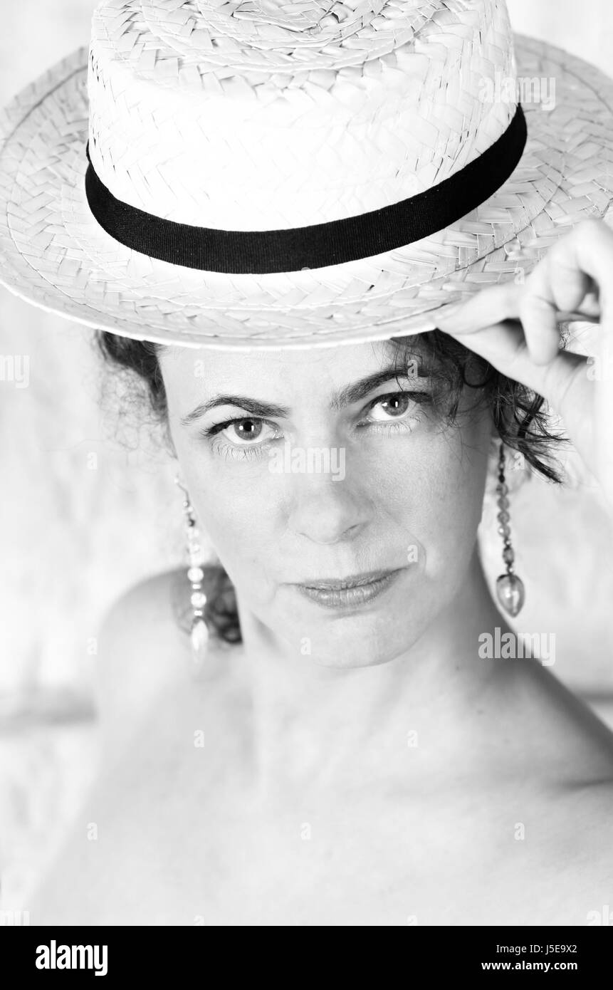 woman beautiful beauteously nice female face hat portrait bw friendly ...