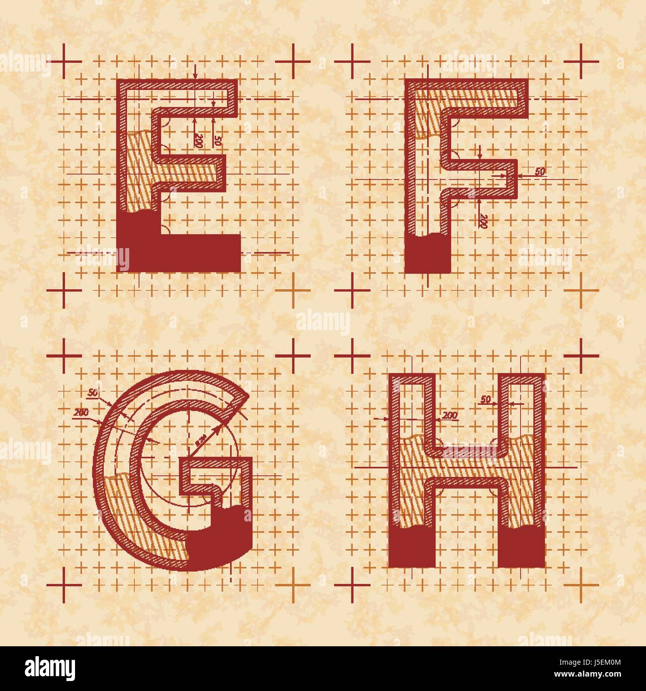Inventor sketches of E F G H letters. Retro style font on old yellow ...
